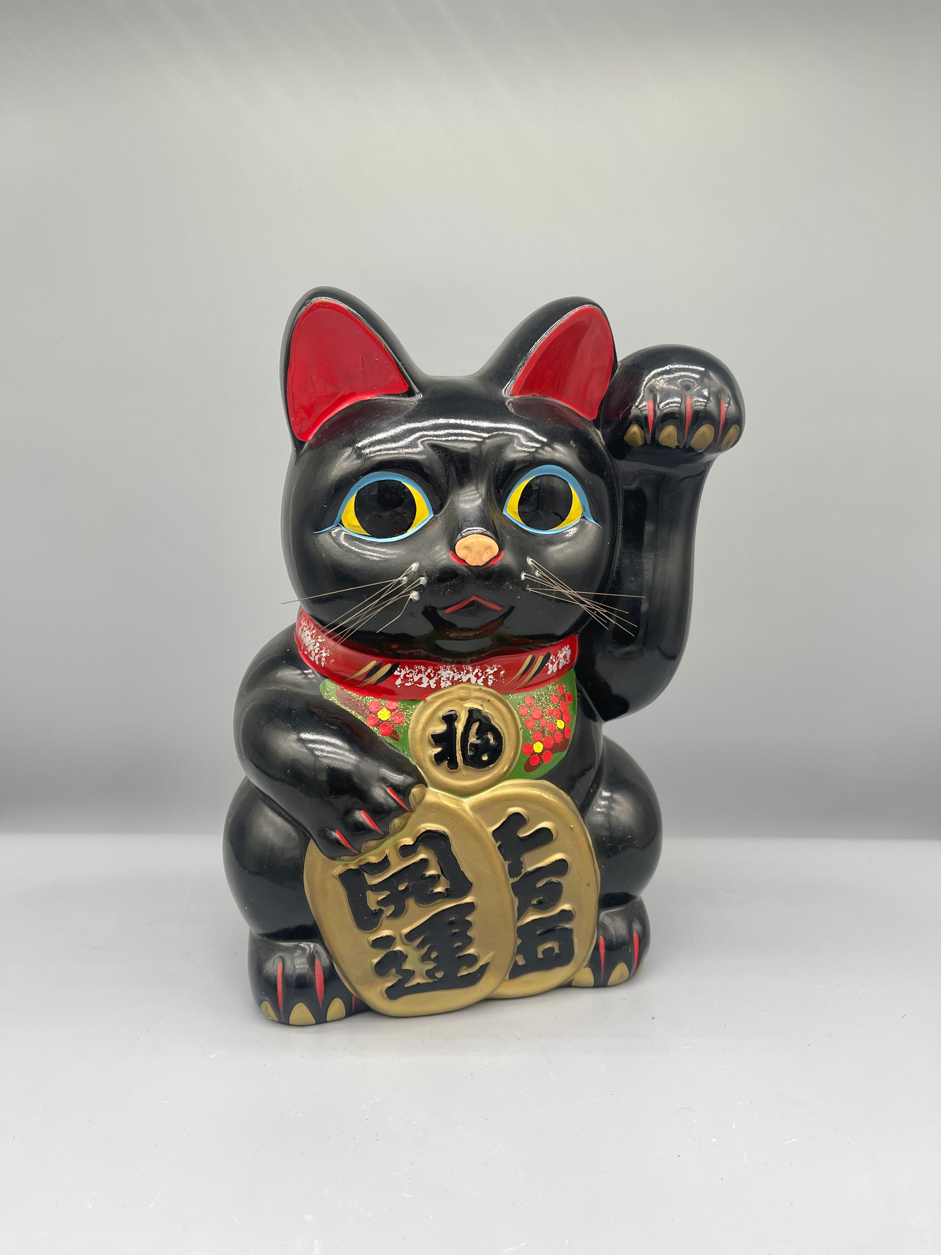 Vintage Japanese Black Ceramic Maneki Neko | c.1970